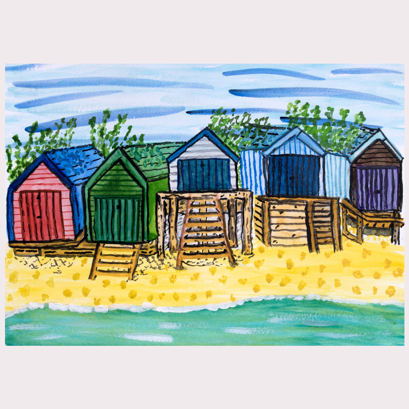Beach Huts Art Print | The Wonky Artist