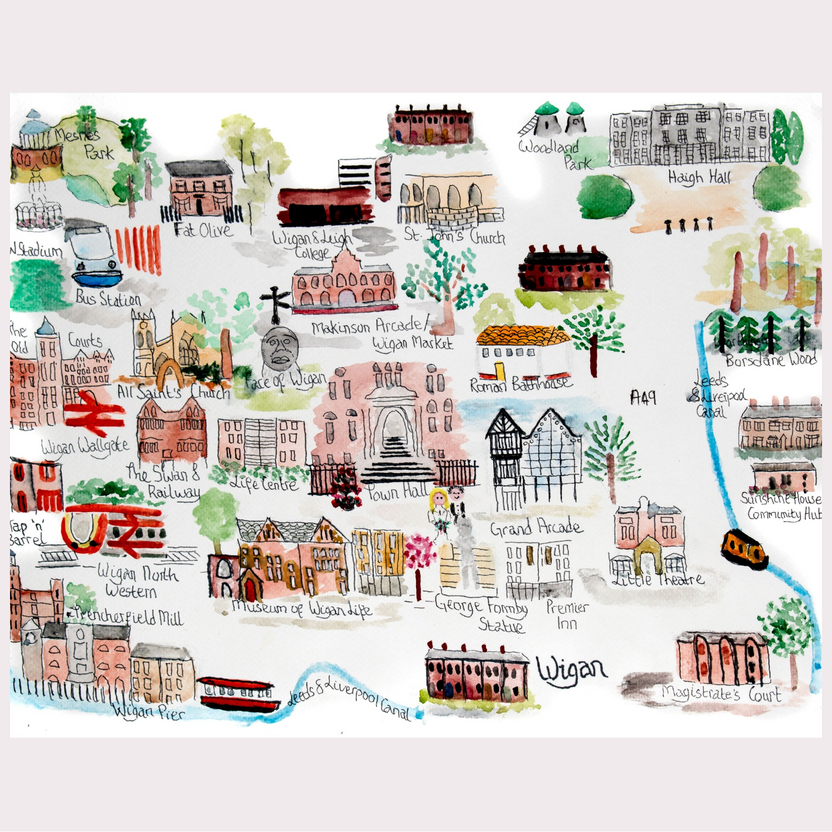 Wigan Map Art Print | The Wonky Artist